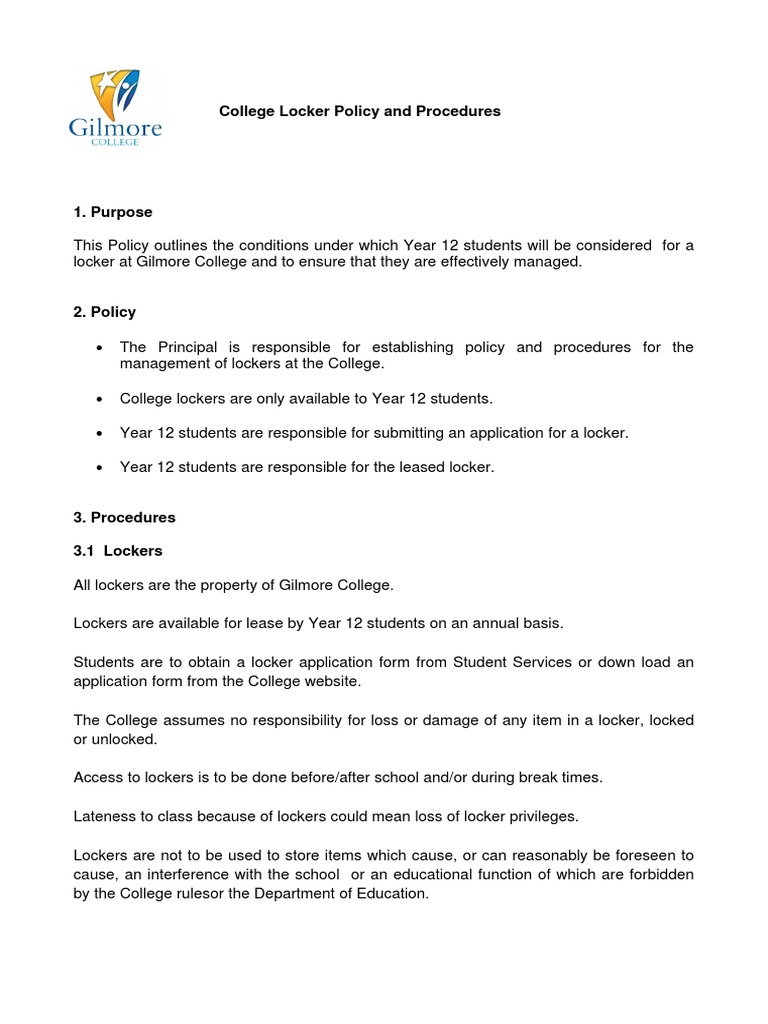 College Locker Policy and Procedures | PDF | Lease | Government
