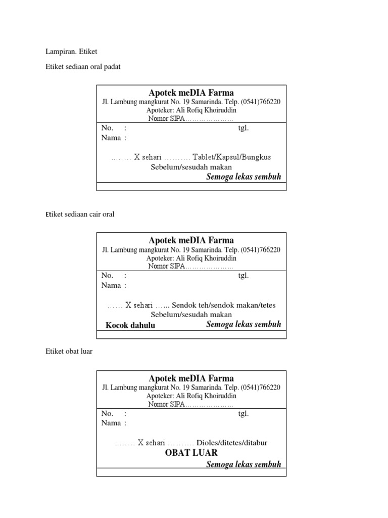 Lampiran Etiket Obat | PDF
