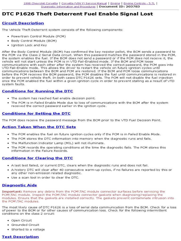 DTC P1626 Theft Deterrent Fuel Enable Signal Lost: Circuit Description ...