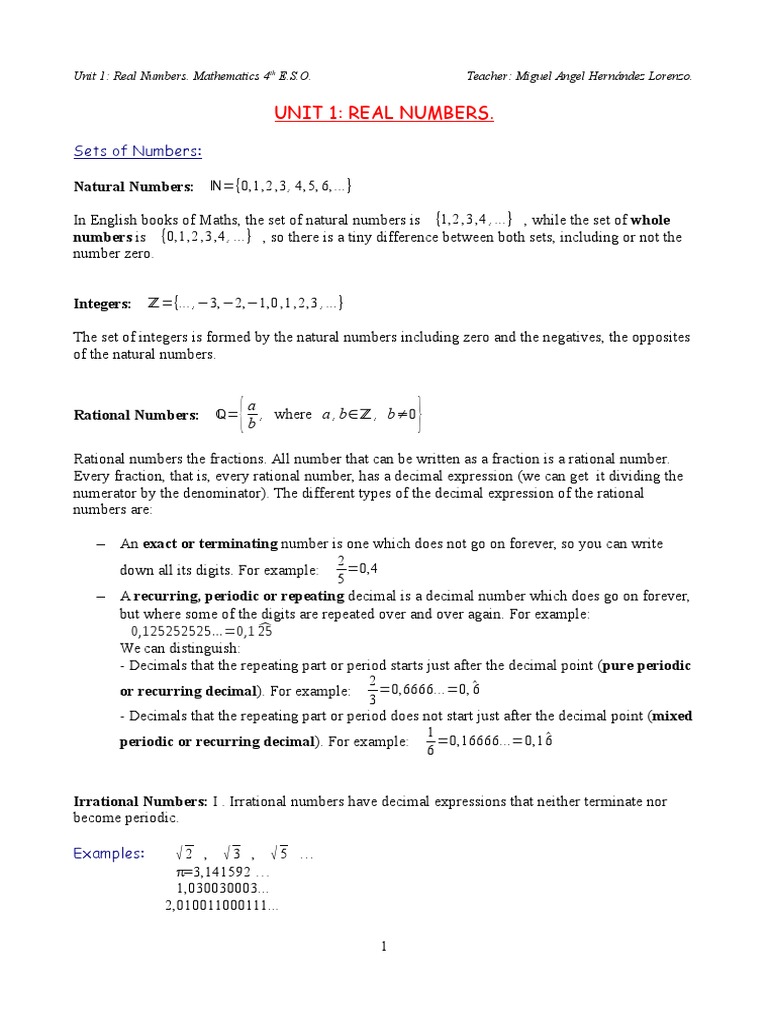 Unit 1 Real Numbers | PDF | Fraction (Mathematics) | Rational Number