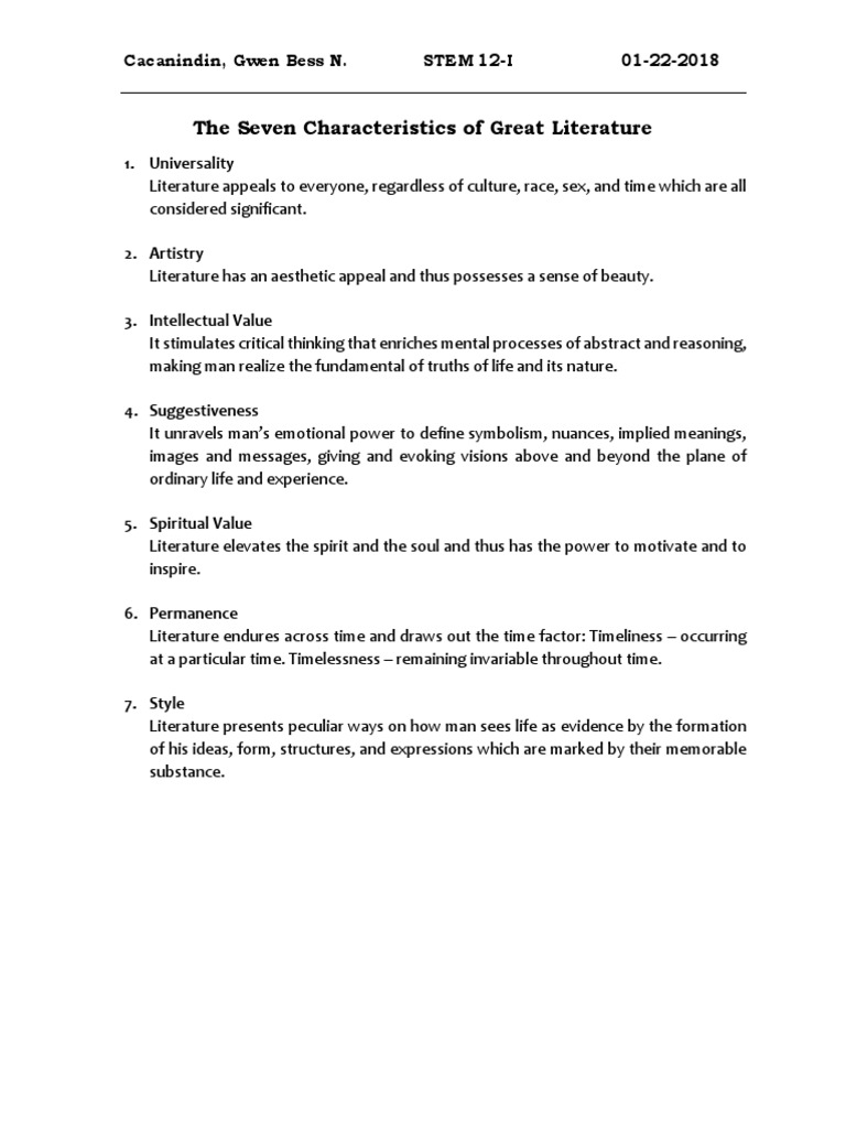 The Seven Characteristics of Great Literature | PDF