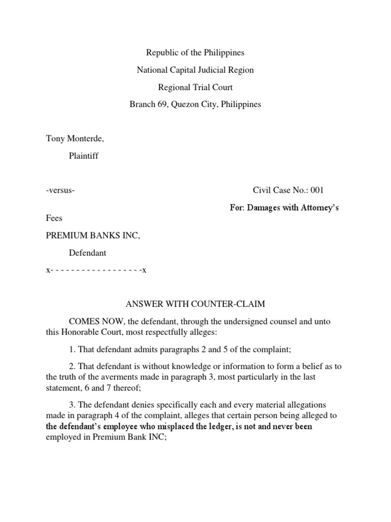 2. Answer to Complaint (Sample) | Complaint | Lawsuit | Free 30-day ...