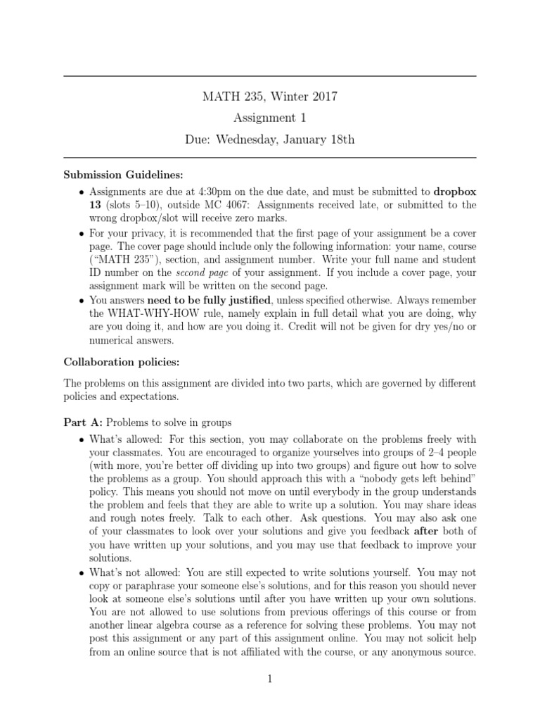 Guidelines and Problems for MATH 235, Assignment 1: Solving Linear ...