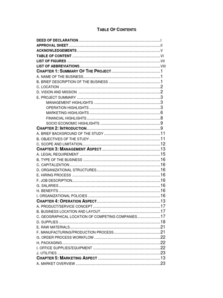 Feasibility Study Table of Contents | PDF | Business | Economies