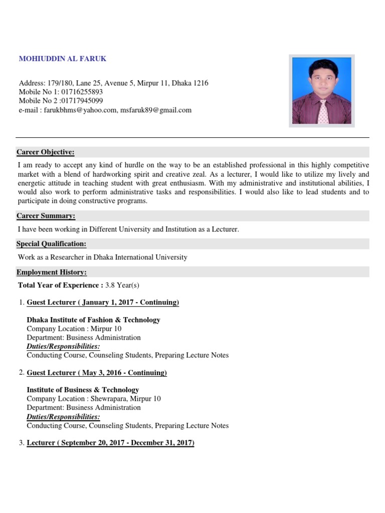 Mohiuddin Al Faruk CV | Download Free PDF | Master Of Business Administration | Bangladesh