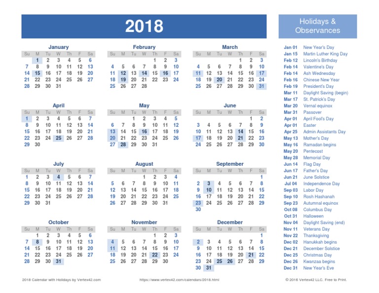 2018 Yearly Holiday Calendar | PDF | Holidays | Observances