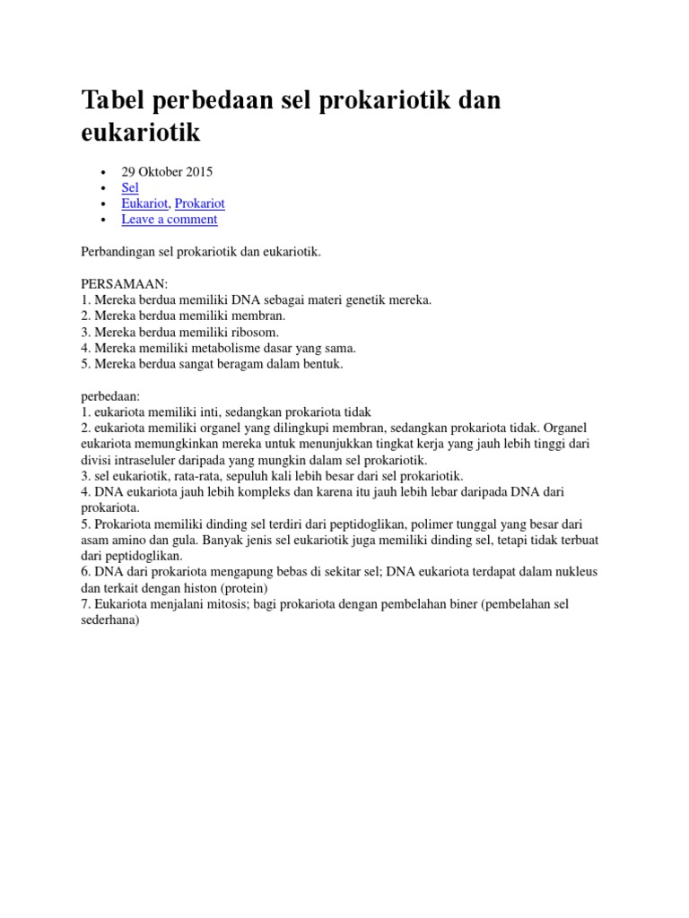 Tabel Perbedaan Sel Prokariotik Dan Eukariotik | PDF