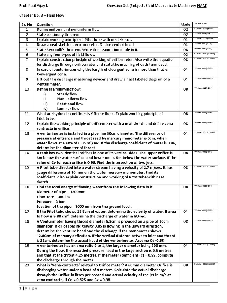 Chapter 3 Fluid Flow - Question Set | Download Free PDF | Flow ...