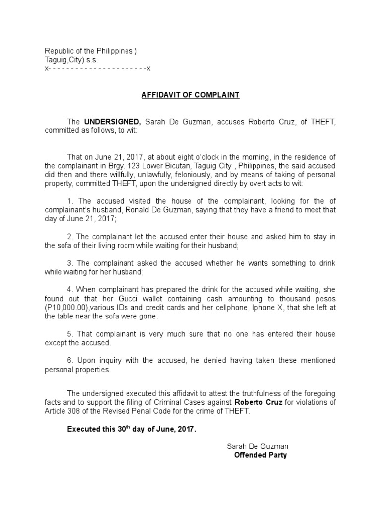 Sample of Affidavit of Complaint | PDF