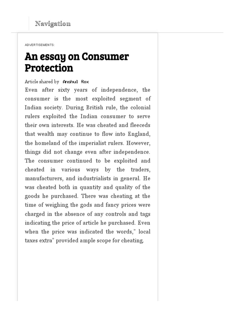 An Essay On Consumer Protection | PDF | Consumer Protection | Retail