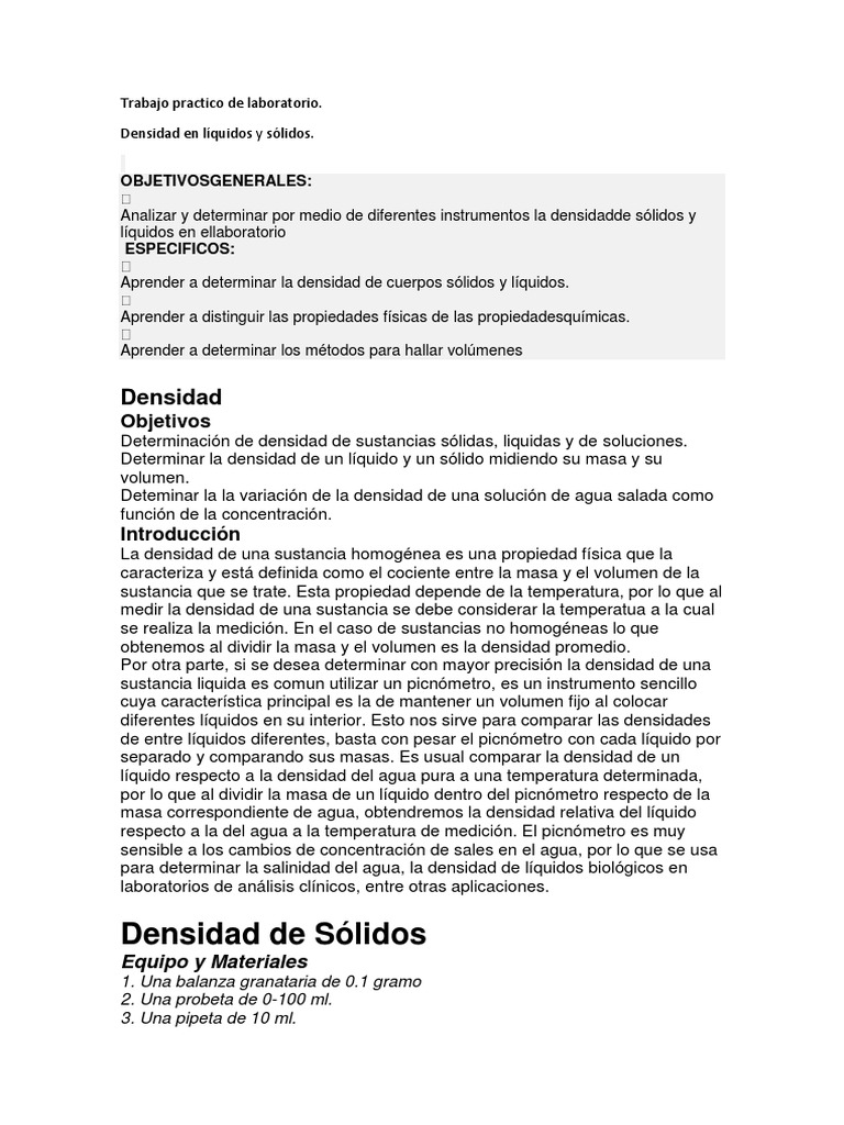 Práctica de Densidad en Sólidos y Líquidos | PDF | Densidad | Concentración