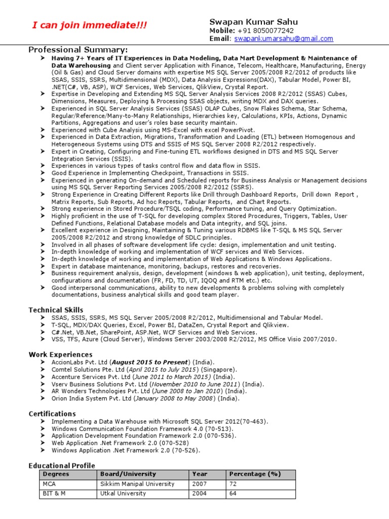 Msbi - Resume - Msbi | PDF | Microsoft Sql Server | Databases