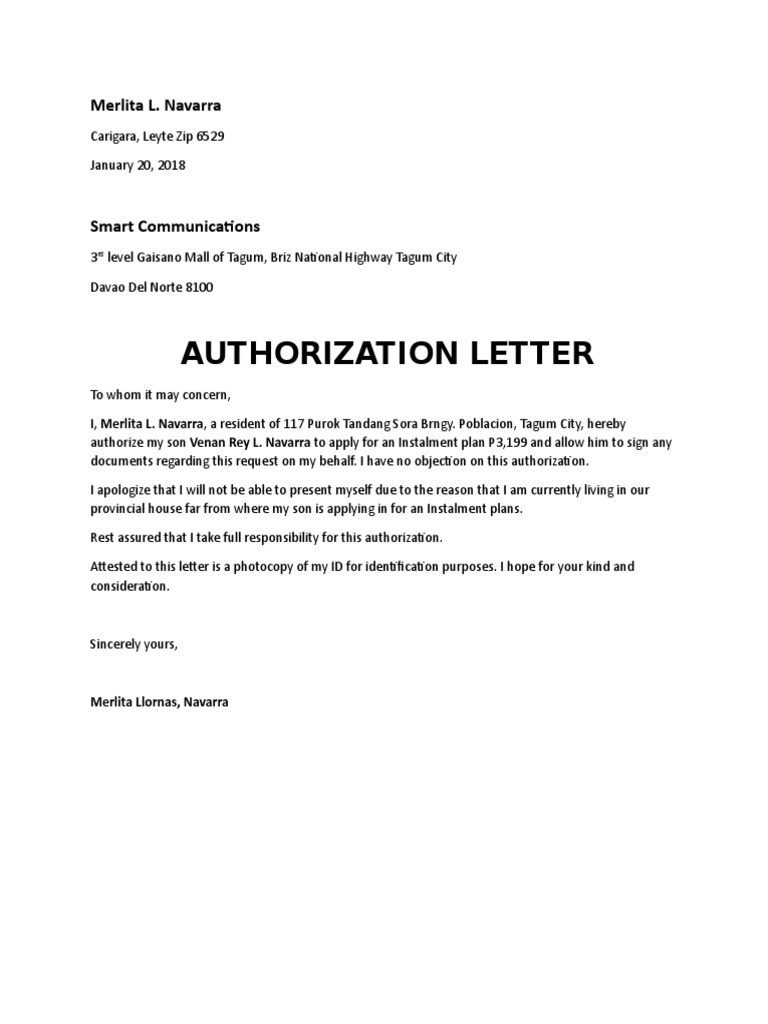 Authorization Letter: Merlita L. Navarra | PDF