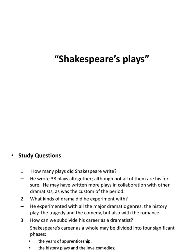 Shakespeares Plays Study Questions | Shakespearean History | William ...