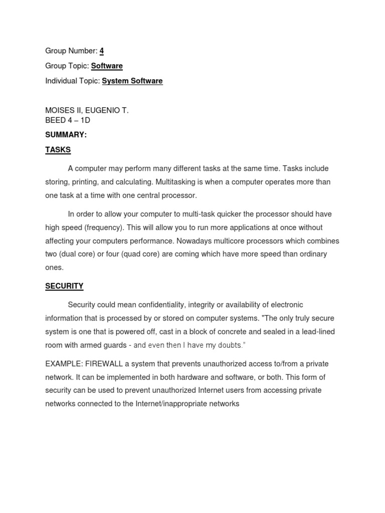 Group Number: 4 Group Topic: Software Individual Topic: System Software | PDF