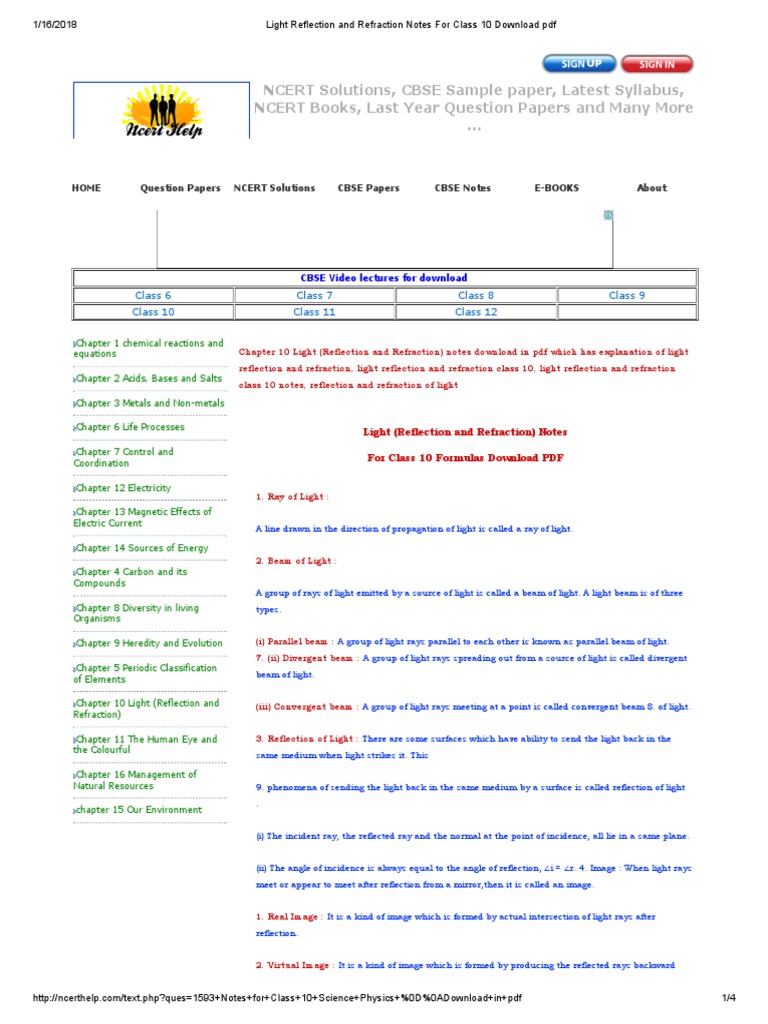 Light Reflection and Refraction Notes For Class 10 Download PDF ...