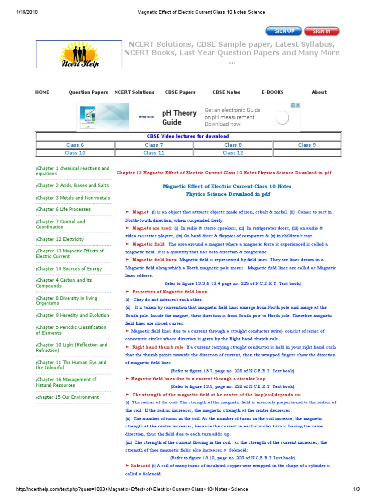Magnetic Effect of Electric Current Class 10 Notes Science | PDF ...