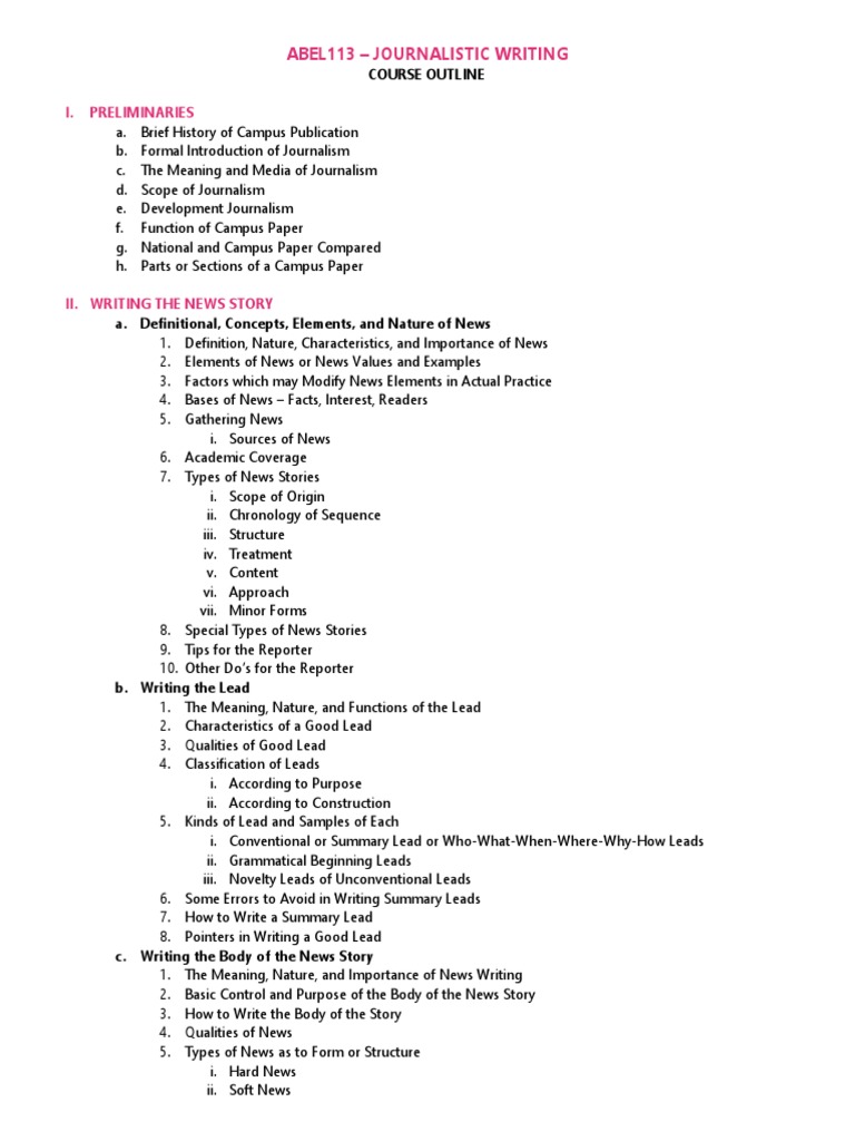 ABEL113 (Journalistic Writing) Course Outline | PDF | Journalism | News