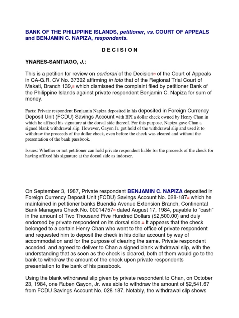 Bpi V CA 232 Scra302 | PDF | Cheque | Deposit Account