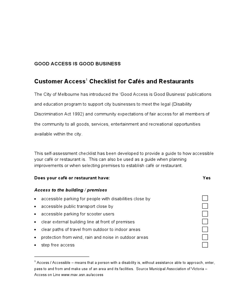Access Checklist Restaurant | PDF | Menu | Wheelchair