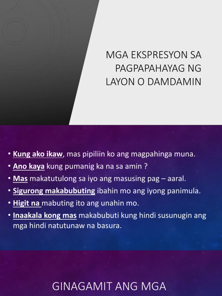 Mga Ekspresyon Sa Pagpapahayag NG Layon o Damdamin | PDF