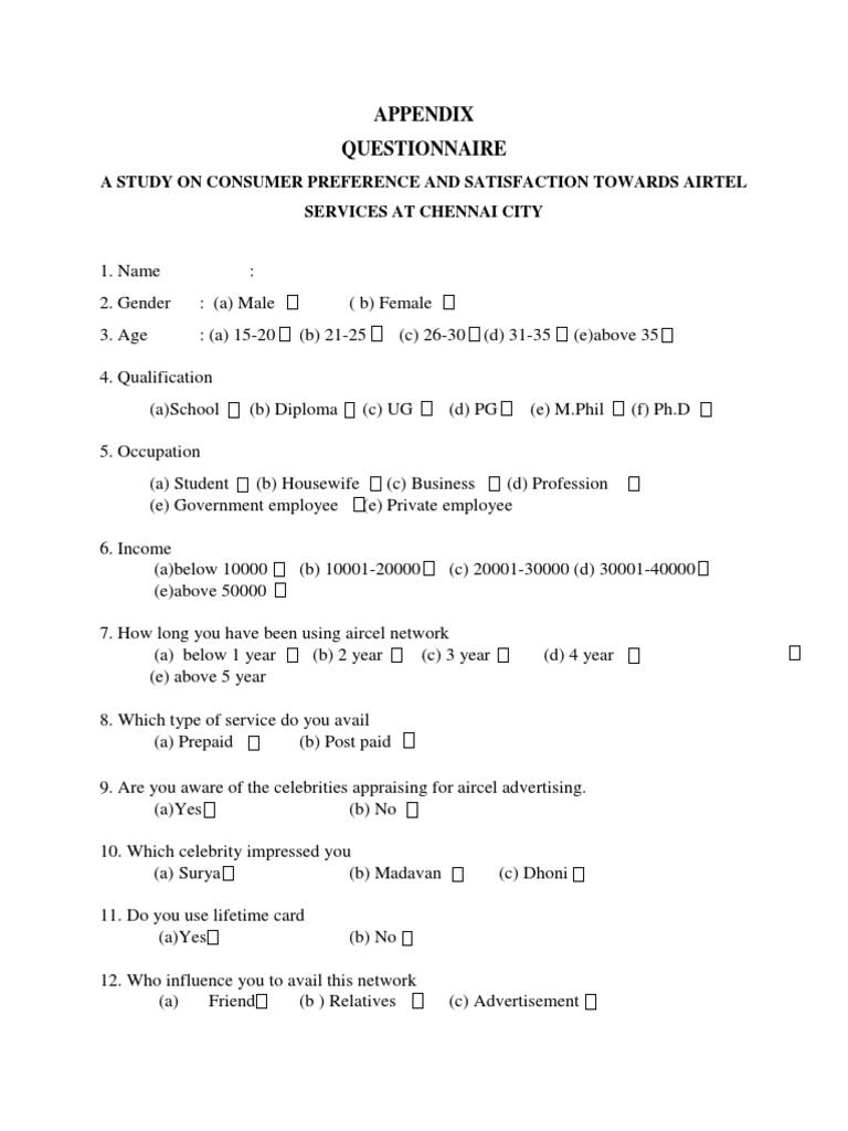 Appendix Questionnaire: A Study On Consumer Preference and Satisfaction ...