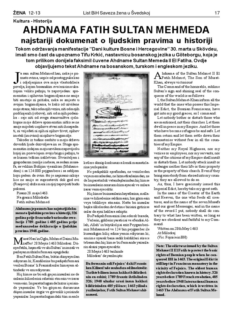 Ahdnama Sultan Mehmeda El - Fatiha | PDF