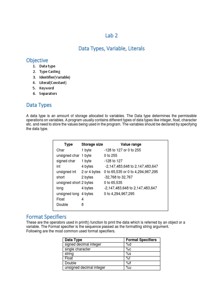 Lab 2 Data Types Variable Literals Objective Pdf Data Type 6995