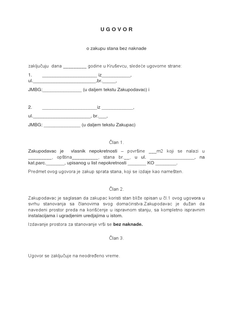 Ugovor O Zakupu Stana Bez Naknade 1 Ugovor O Darovanju 1/2 Nekretnine