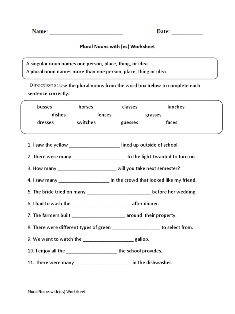 Plural Nouns with 'es' Worksheet | PDF | Language Arts & Discipline