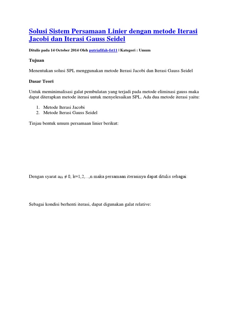 Solusi Sistem Persamaan Linier Dengan Metode Iterasi Jacobi Dan Iterasi ...