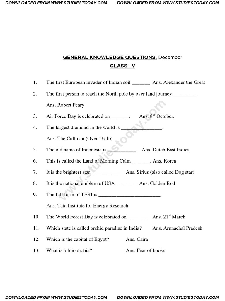 CBSE Class 5 GK Practice Worksheet | PDF