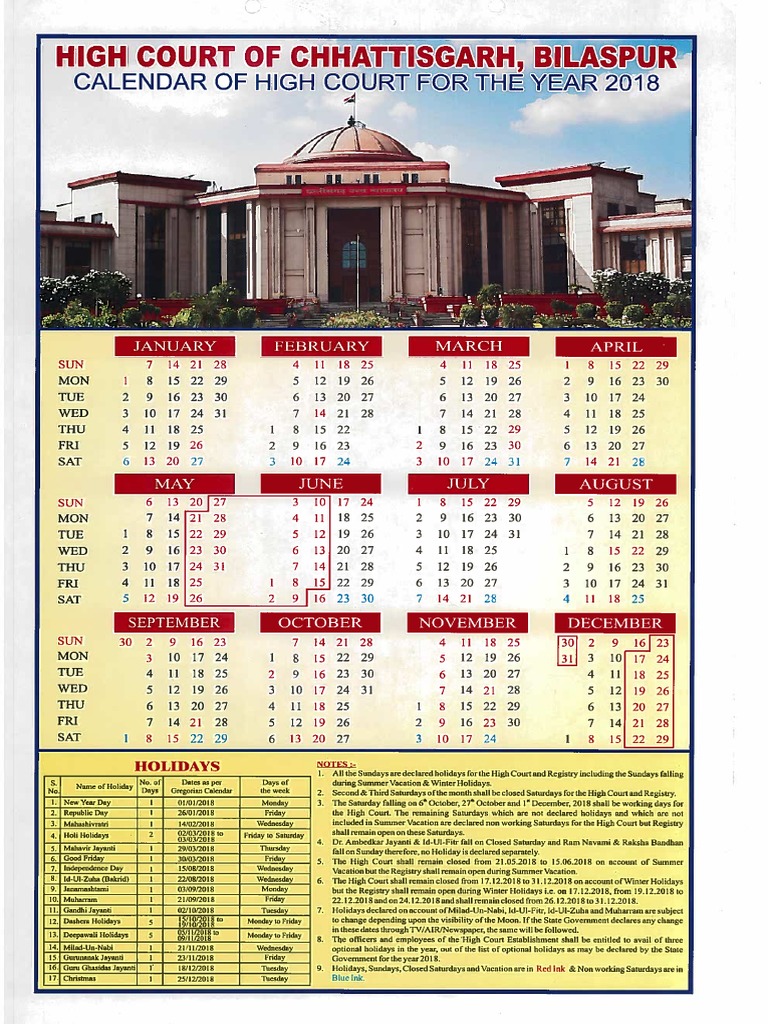Chhattisgarh High Court Calendar, 2018 | PDF