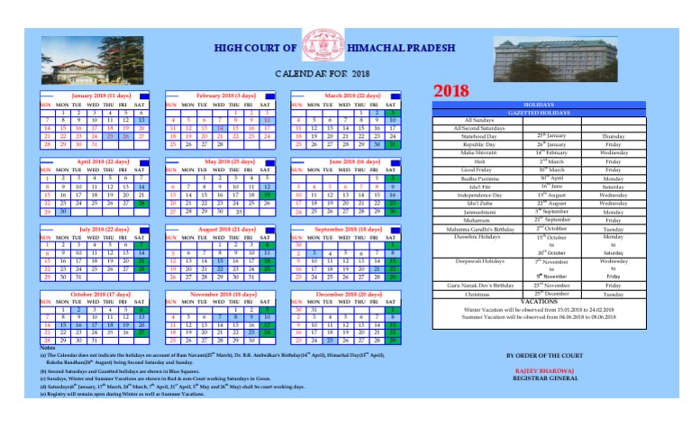 Himachal Pradesh High Court Calendar, 2018 | PDF | Observances | Holidays