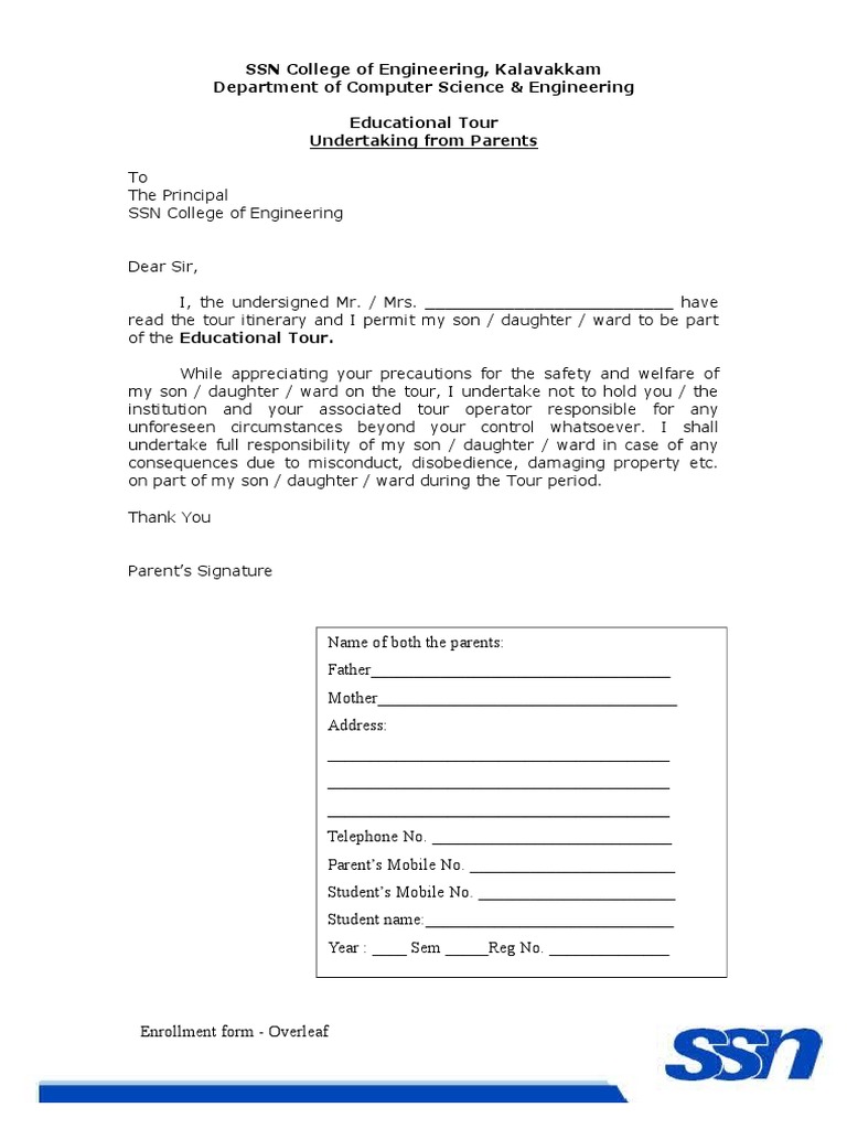 Tour - Undertaking Form From Parents | Technology & Engineering | Business