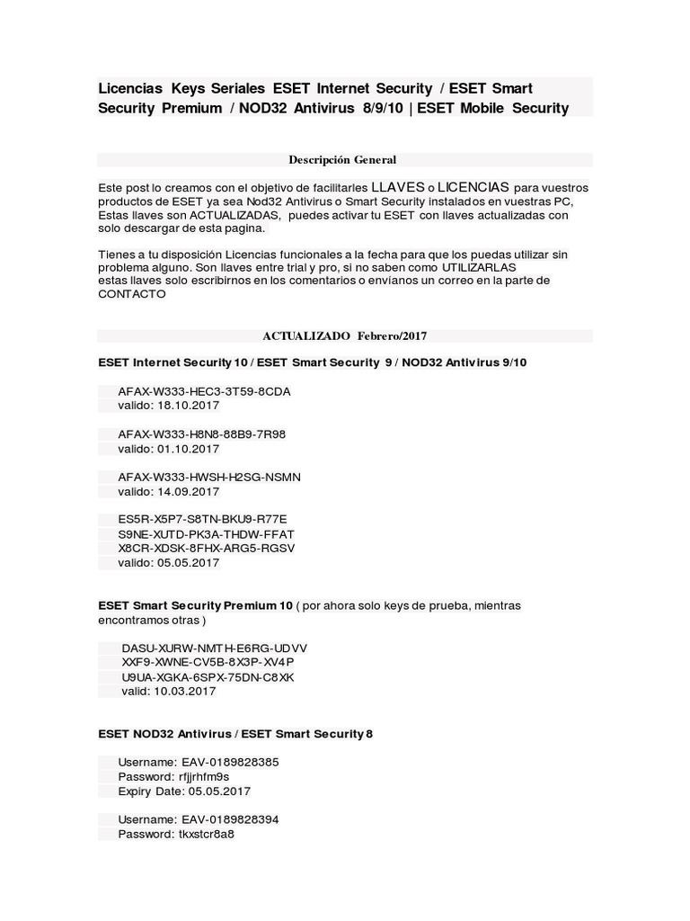 Licencias Keys Seriales ESET Internet Security | PDF