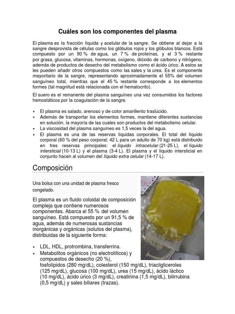 Composición y componentes del plasma sanguíneo | PDF | Plasma sanguíneo ...