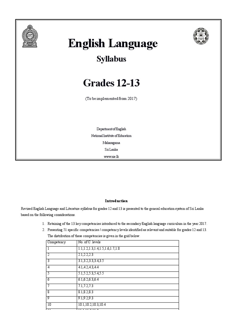 Revised English Language Syllabus for Grades 12-13 in Sri Lanka | PDF ...