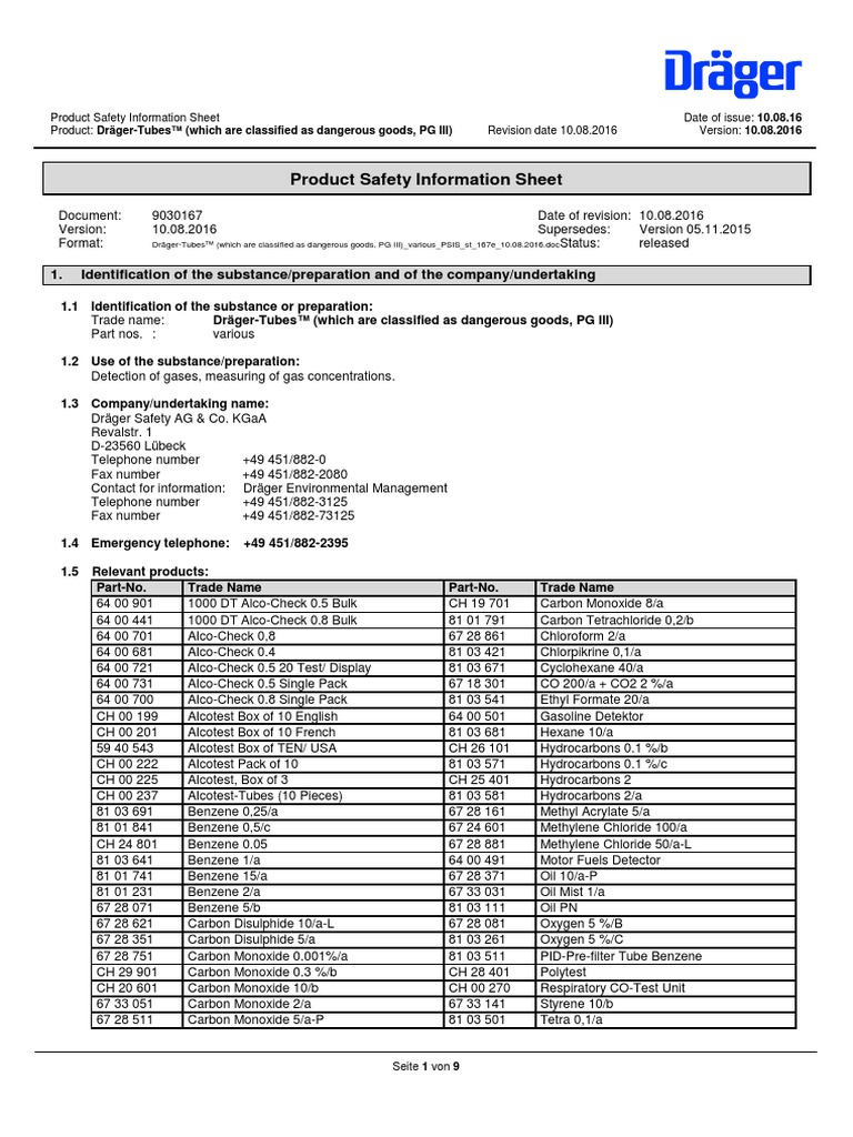 Product Safety Information Sheet: 1. Identification of The Substance ...