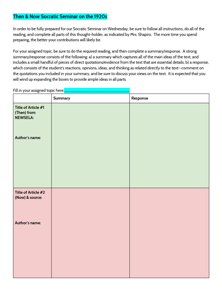Then Now Socratic Seminar On The 1920s | PDF | Cognition