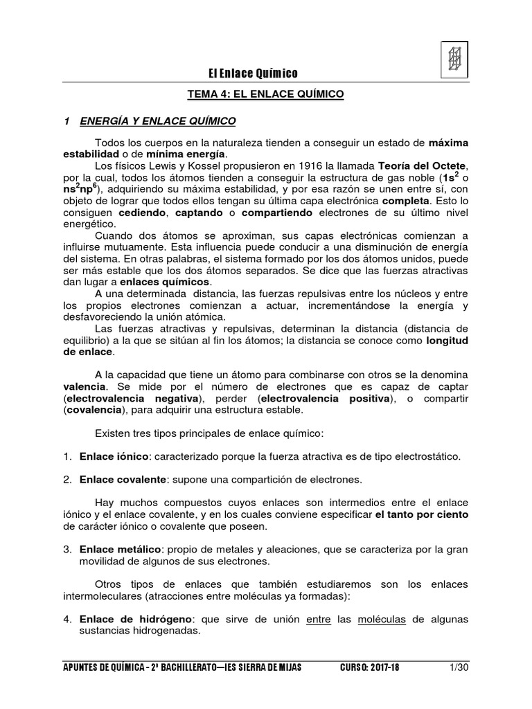 Tema 3 Enlace | PDF | Enlace químico | Enlace covalente