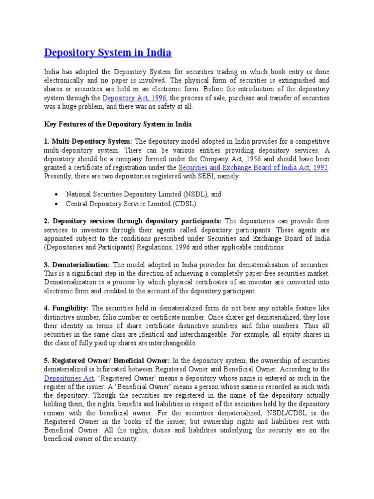 Depository System in India | PDF | Securities (Finance) | Stocks