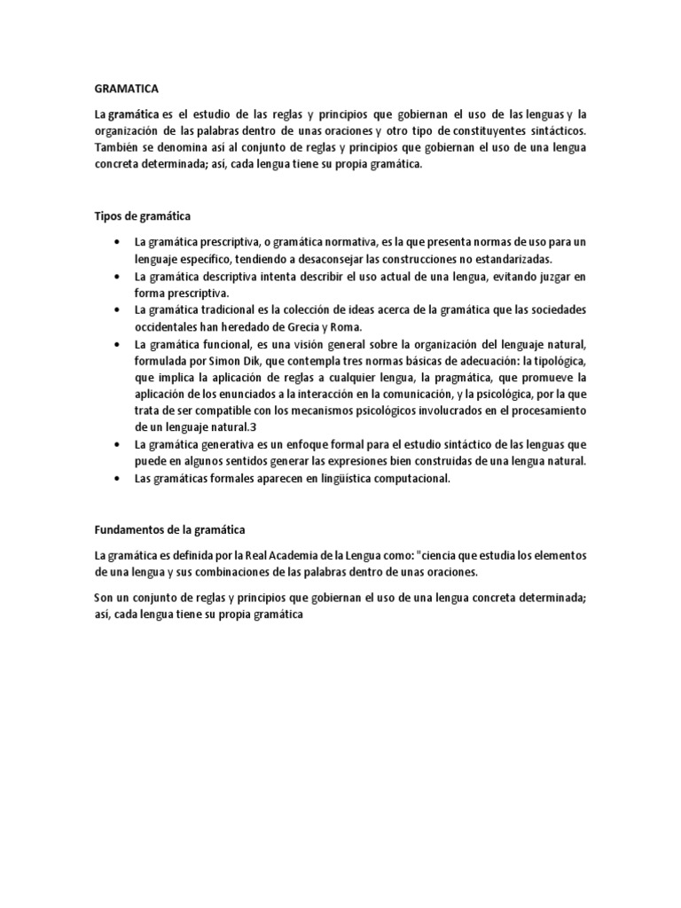 Gramatica, Tipos de Gramatica y Fundamentos de La Gramatica | PDF ...