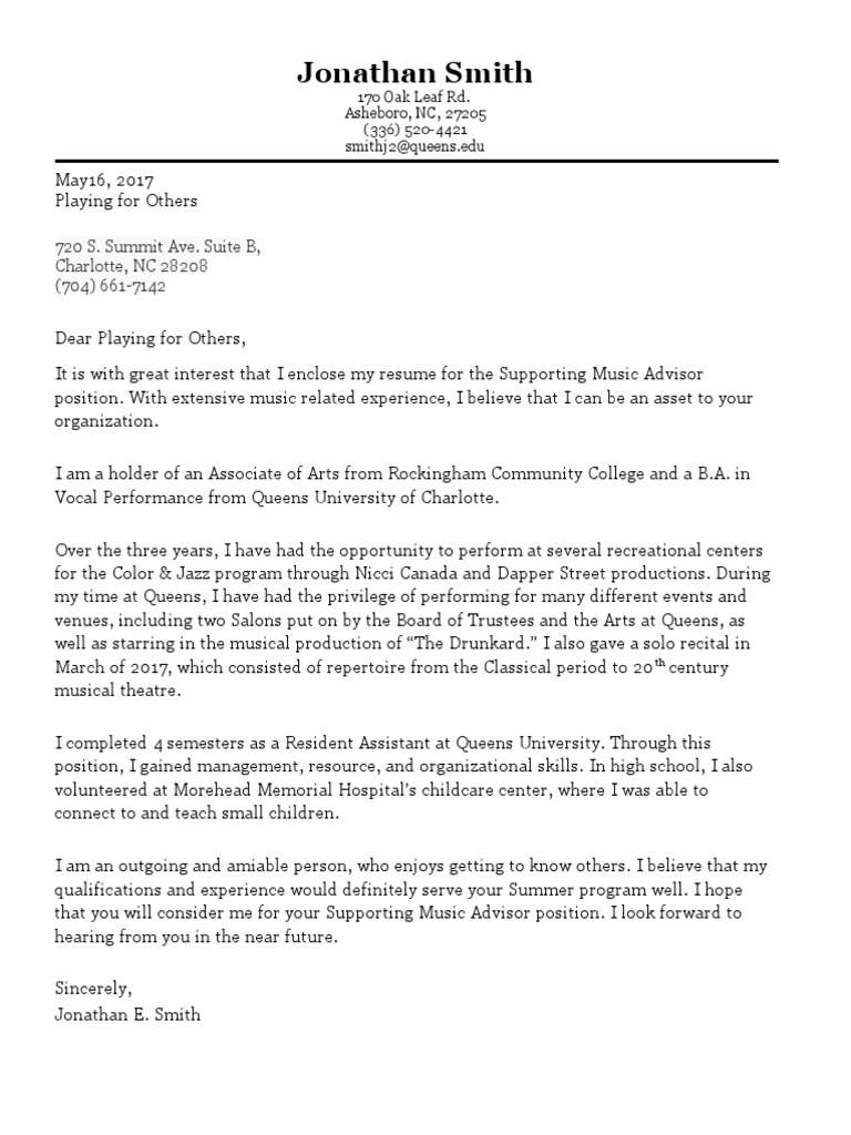 Cover Letter For Jonathan E. Smith | PDF | Performing Arts ...