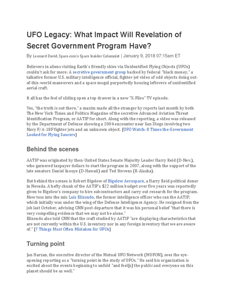 UFO Legacy: What Impact Will Revelation of Secret Government Program ...