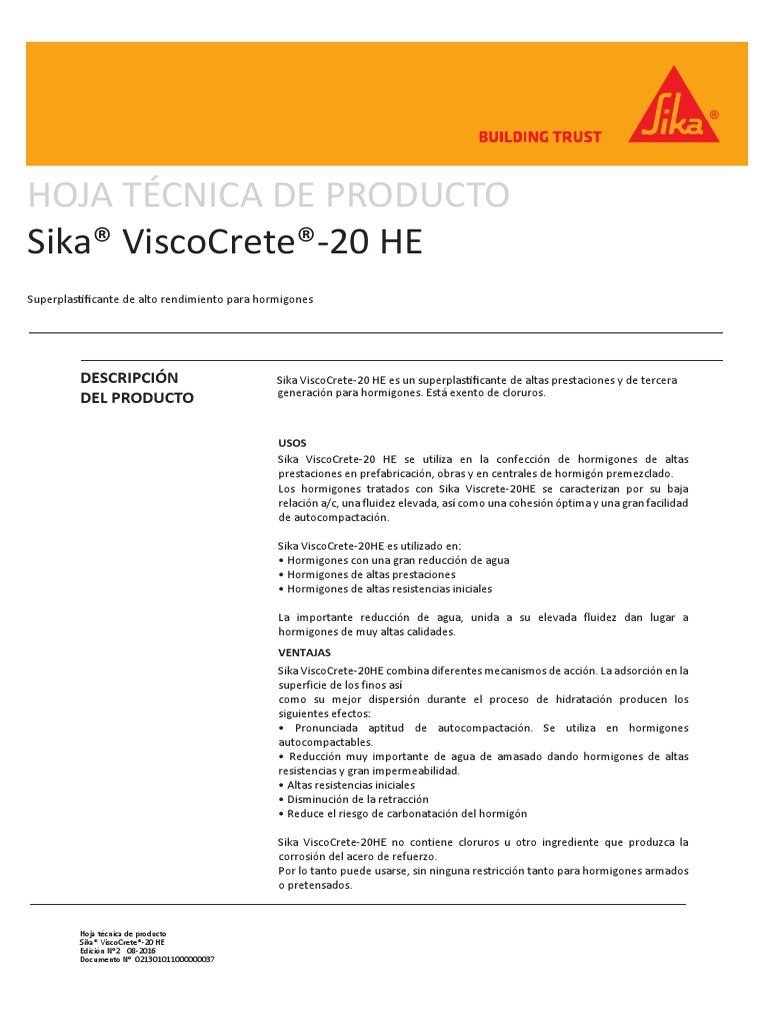 Sika® ViscoCrete®-20 HE | PDF | Agua | Hormigón