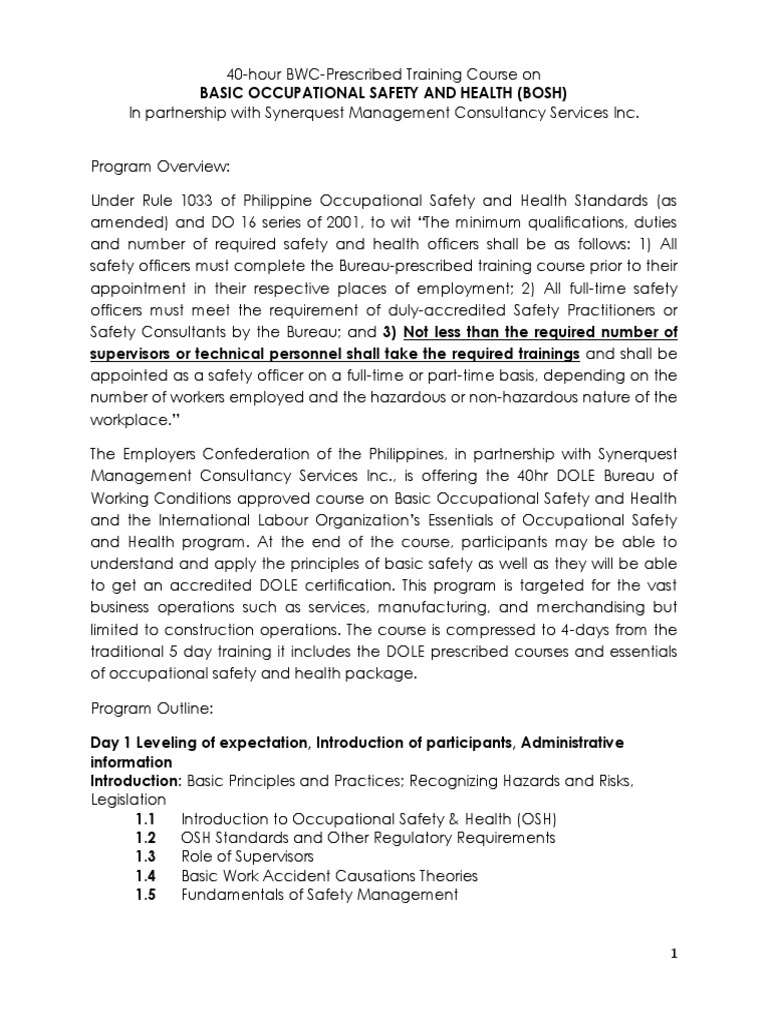 BOSH Course Outline 2018 | PDF | Occupational Safety And Health | Safety