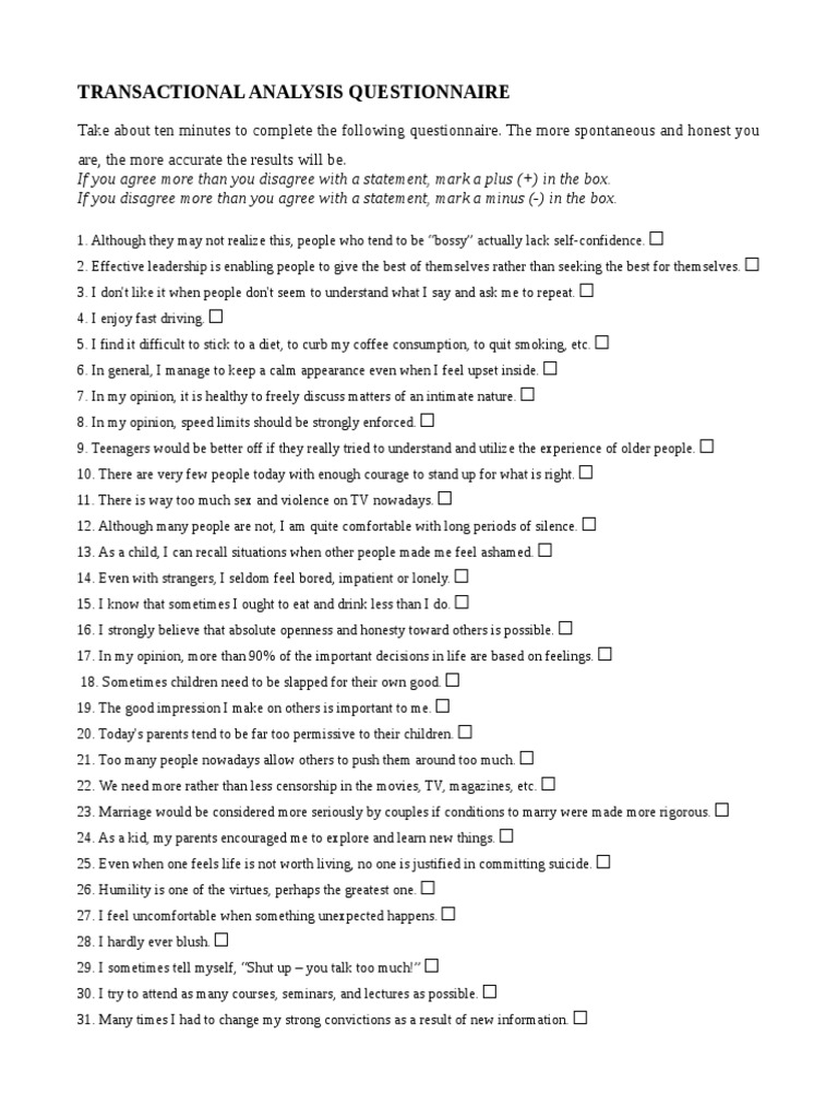 Transactional Analysis Questionnaire | PDF | Psychology
