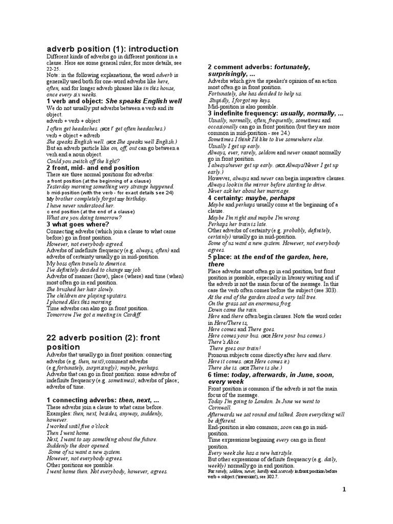 Introduction to Adverb Position Rules | PDF | Adverb | Verb