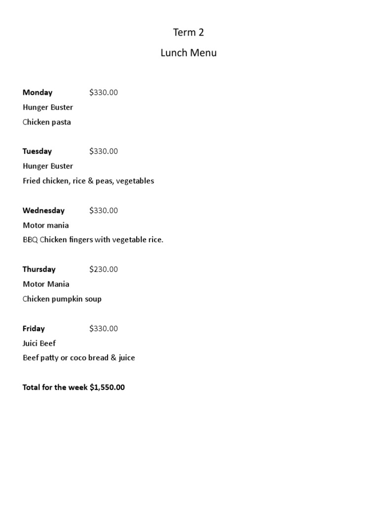 Lunch Menu Term 2 | PDF
